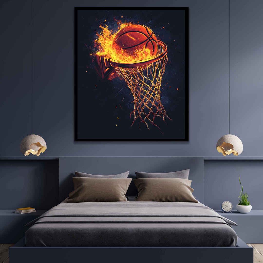 Flaming Basketball Hoop Wall Art, Basketball on Fire Wall Decor, Teen ...