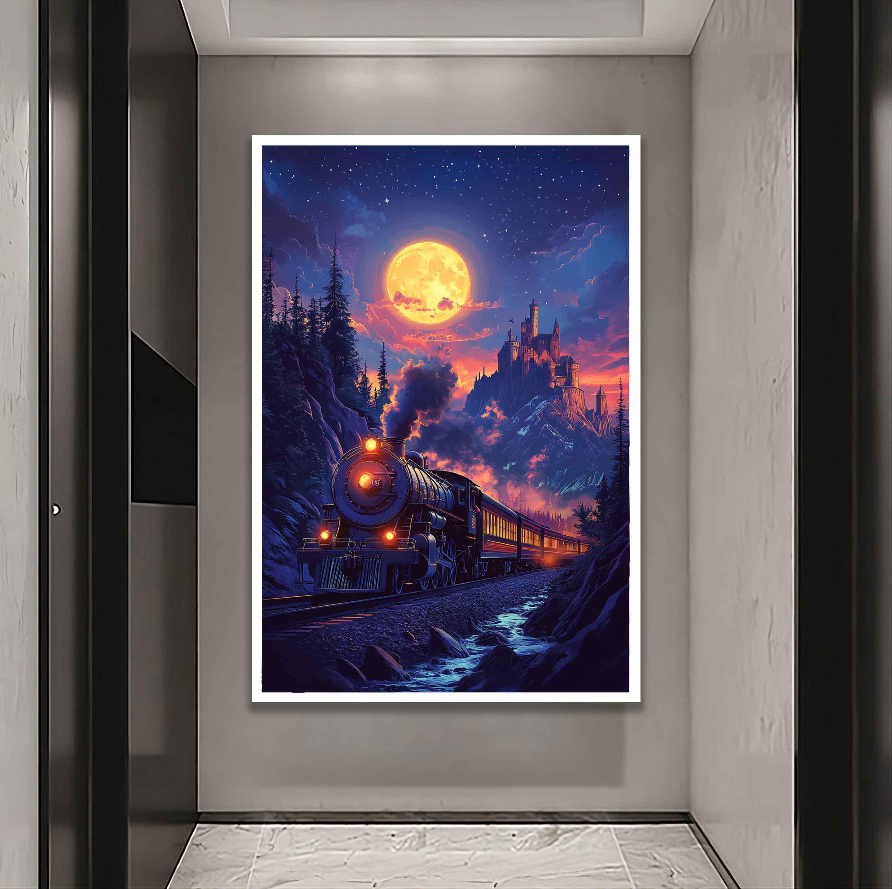 Train Full Moon Landscape Canvas, Train Full Moon Scenery Painting ...