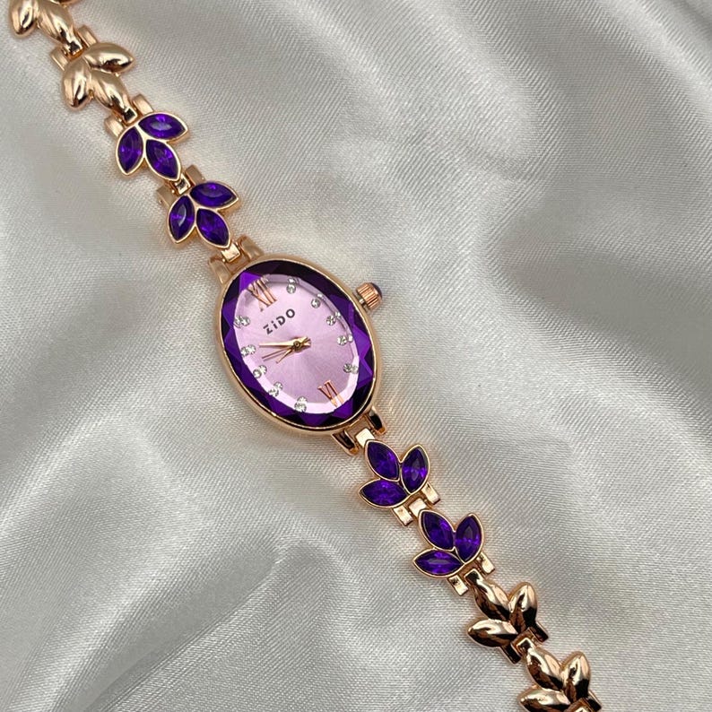 Rose Gold Purple Crystal Bracelet Watch: Floral Heart Y2K Style - Etsy