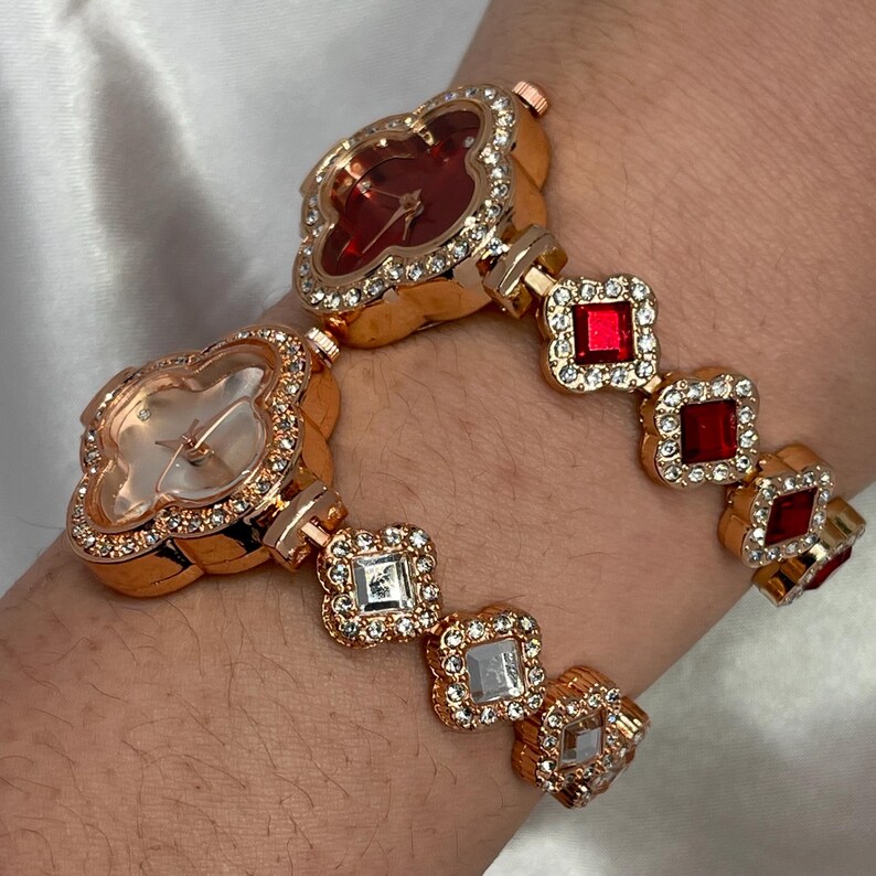 Women’s Rose Gold Dainty White/red Clover Bracelet Watch New - Etsy