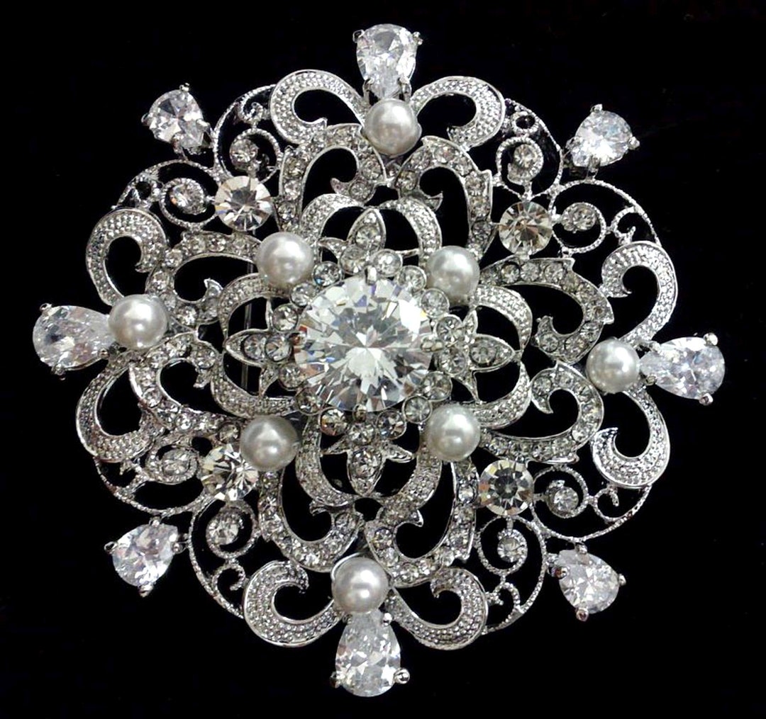 Pearl Bridal Brooch Pin, Bridal Sash Pin, Clear Crystal Bridal Jewelry ...