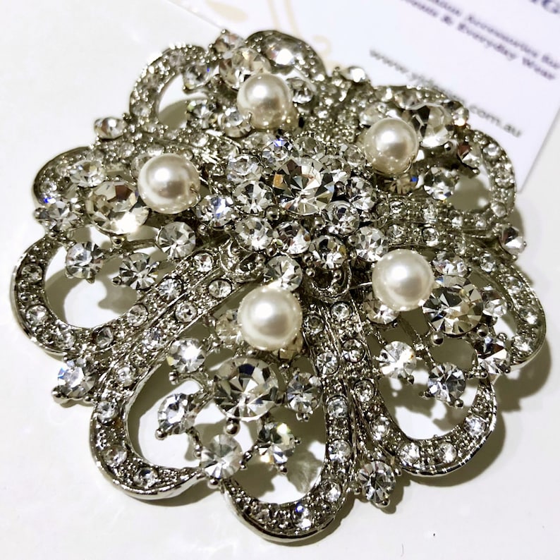 Pearl Bridal Brooch Rhinestone Wedding Brooch Silver Sash | Etsy