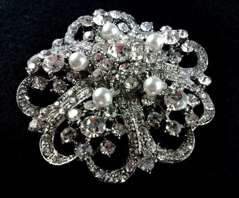 Pearl Bridal Brooch Rhinestone Wedding Brooch Silver Sash | Etsy