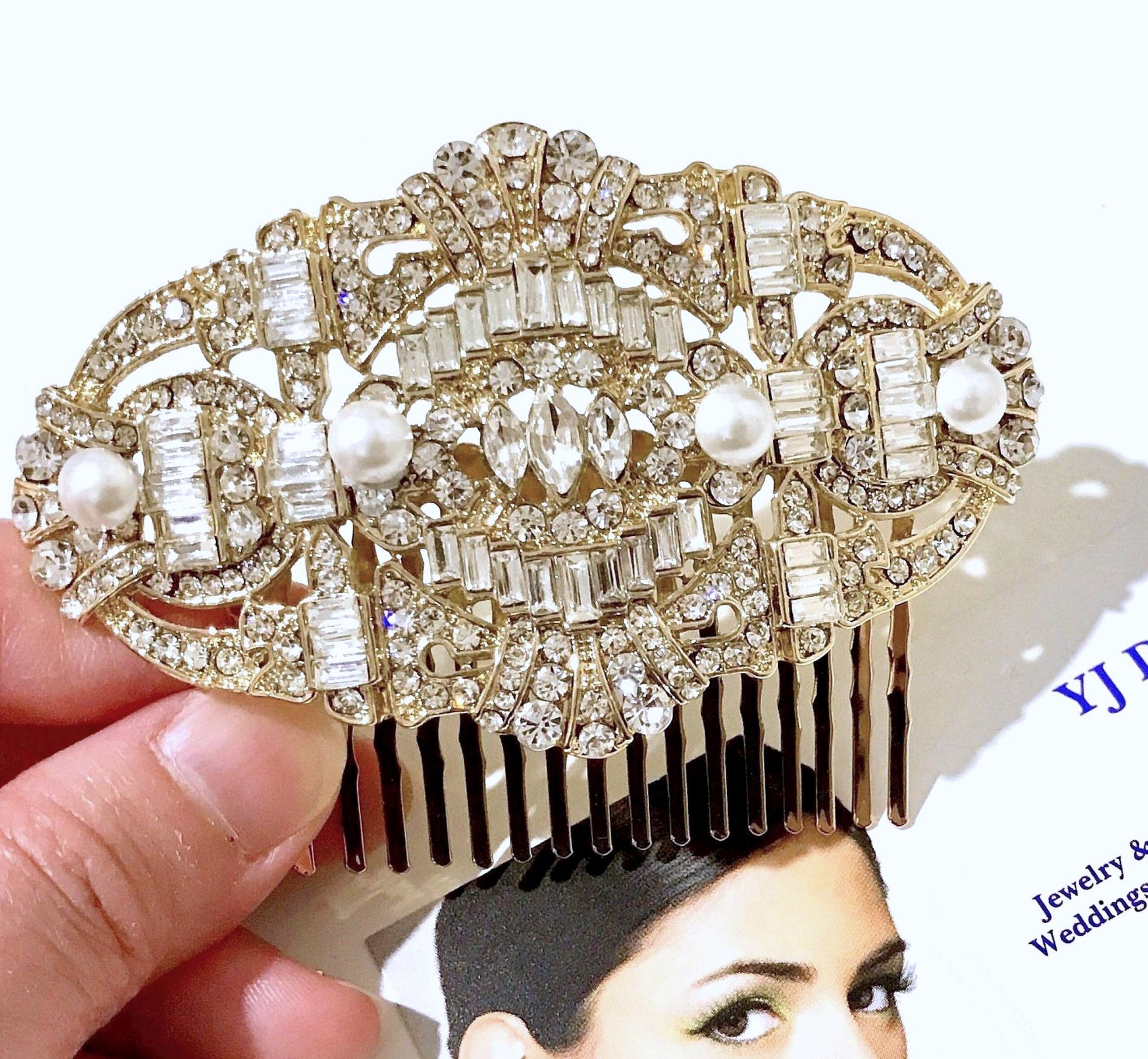 Gold Art Deco Bridal Hair Comb, Pearl & Crystal Headpiece, Gatsby ...
