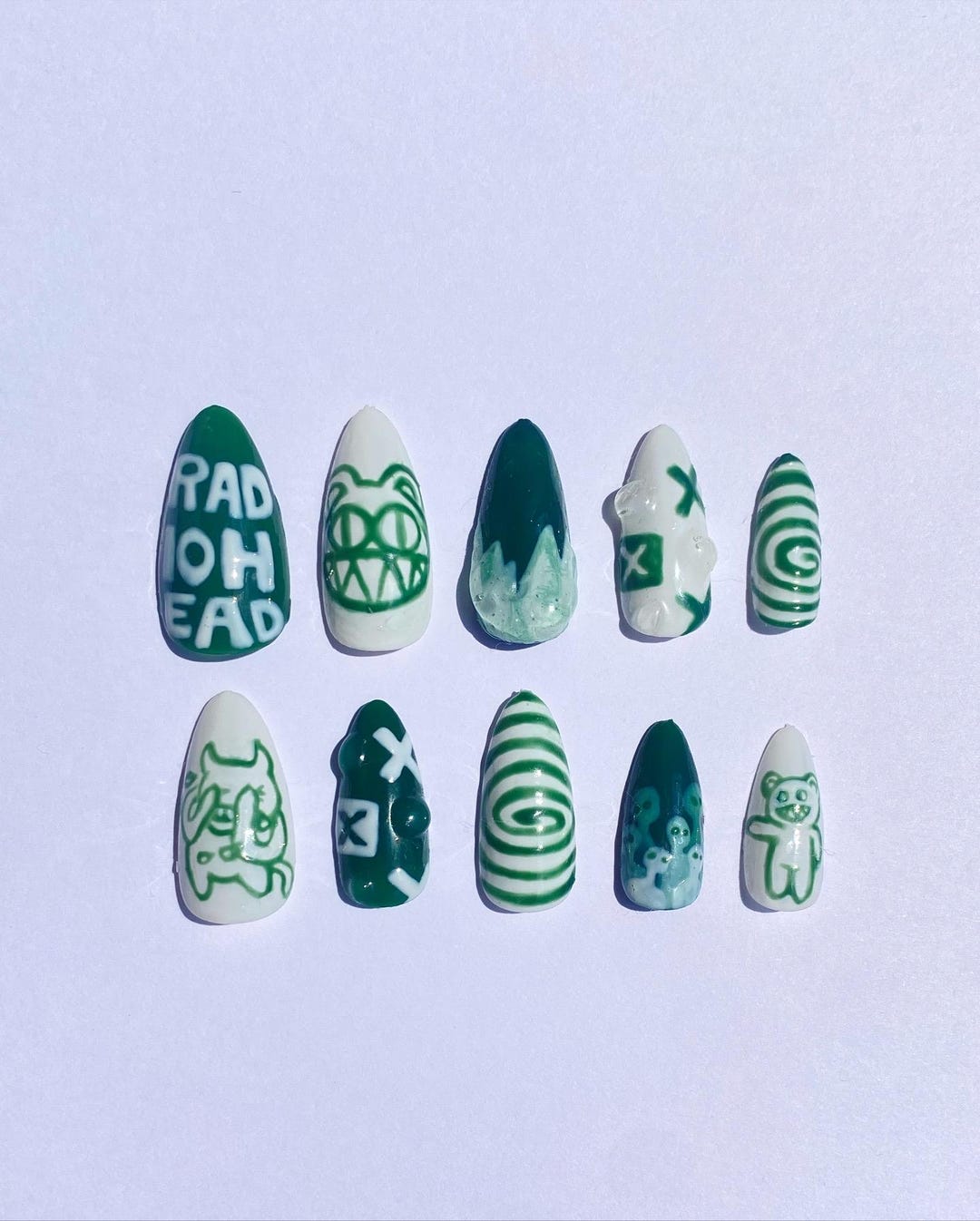 Radiohead Press on Nails, Dark Green Almond Nails, OK Computer Fashion ...
