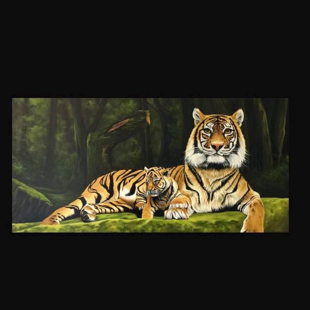 Bengal Tiger & Cub in Jungle – 48”x24” Oil Painting by Steve Tranter ...
