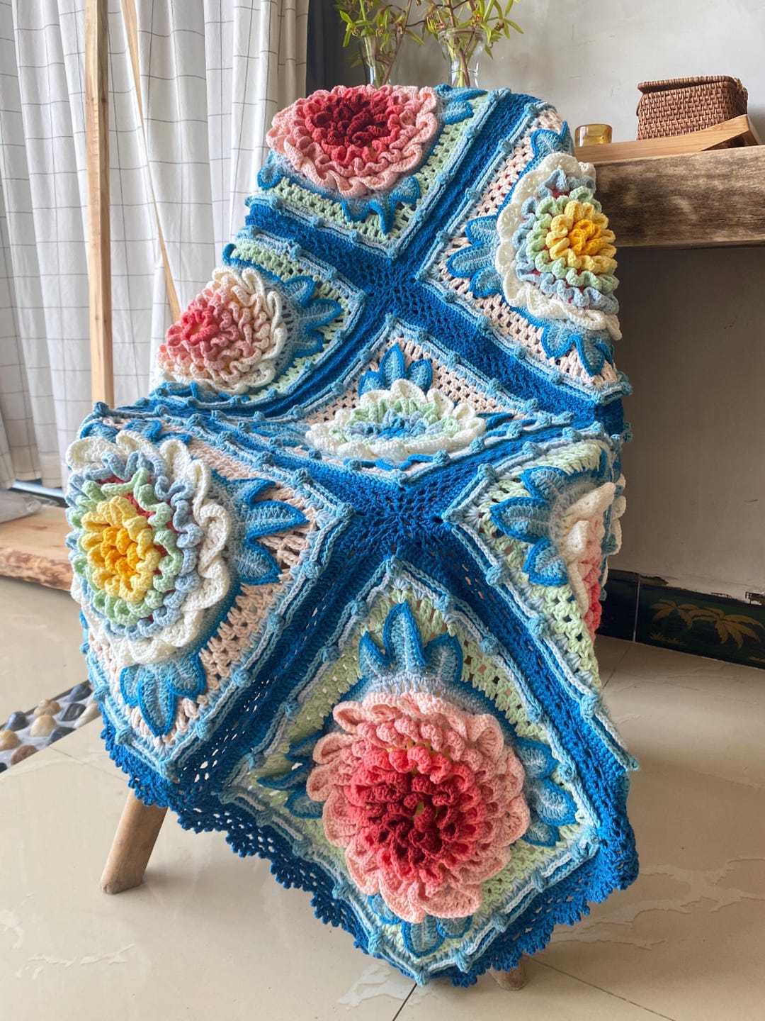 Handmade Crochet Large Blanket for Sale, 3D Peony Granny Square Blanket ...