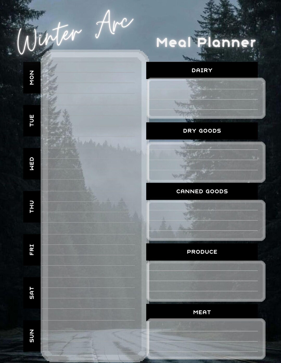 Winter Arc Weekly Meal Planner - Etsy