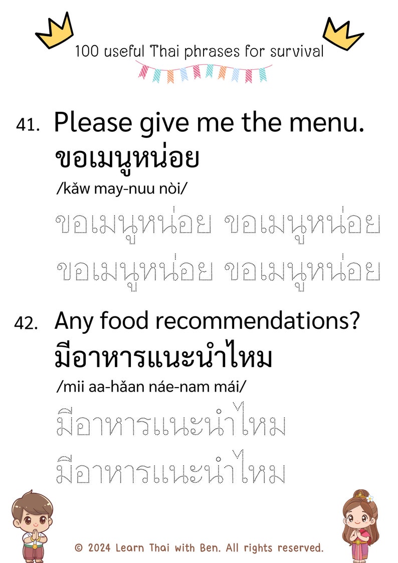 100 Useful Thai Phrases for Survival- Printable Tracing Worksheets - Etsy