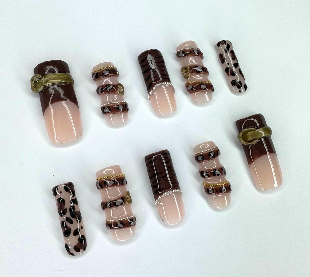 Cheetah Buckle Set| Long/medium Length Square Nails| Handmade, Reusable ...