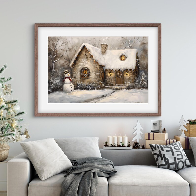 Snowman Winter Cottage PRINTABLE Wall Art | Vintage Winter Home Decor ...