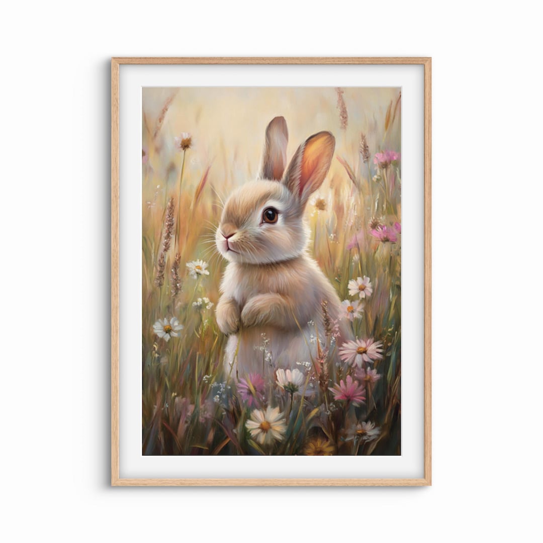 Spring Bunny Oil Painting: Floral Meadow, Easter Art (printable ...