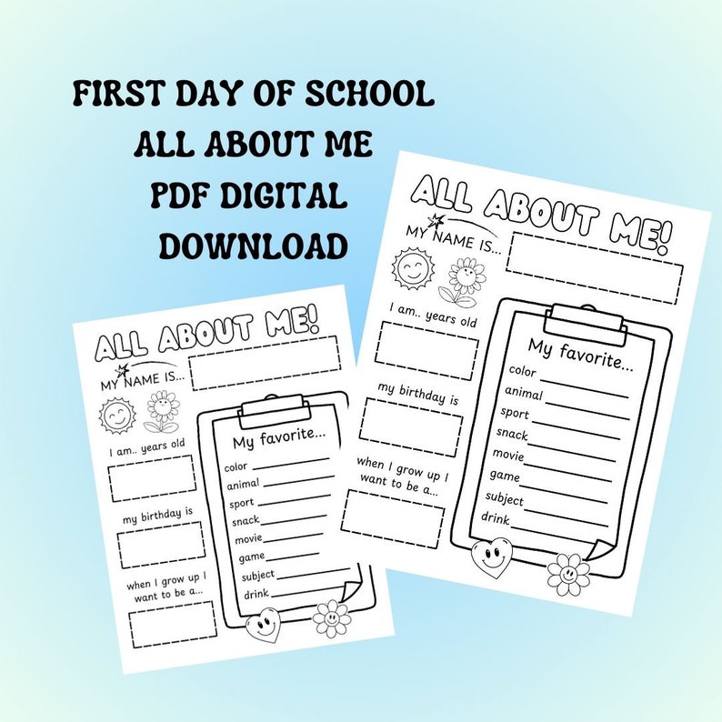 First Day of School All About Me PDF Digital Download Printable ...