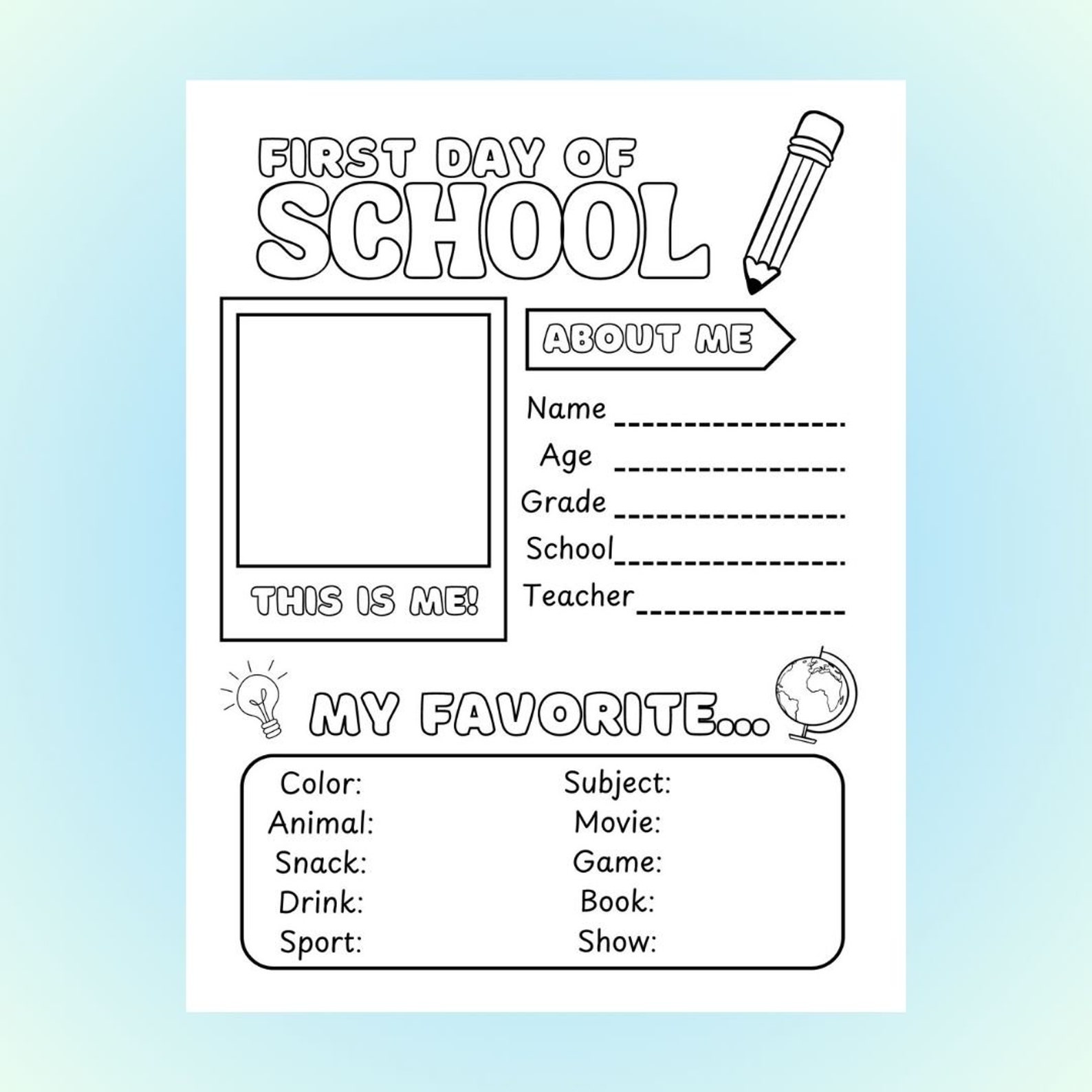First Day of School All About Me PDF Digital Download Printable ...