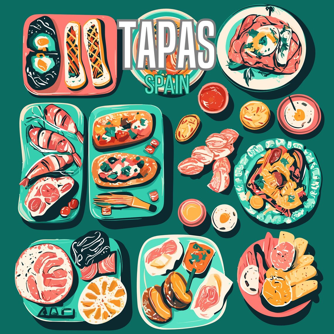 Tapas Selection, Spain - Wall Art Posters, Cafe Wall Decor, Restaurant ...