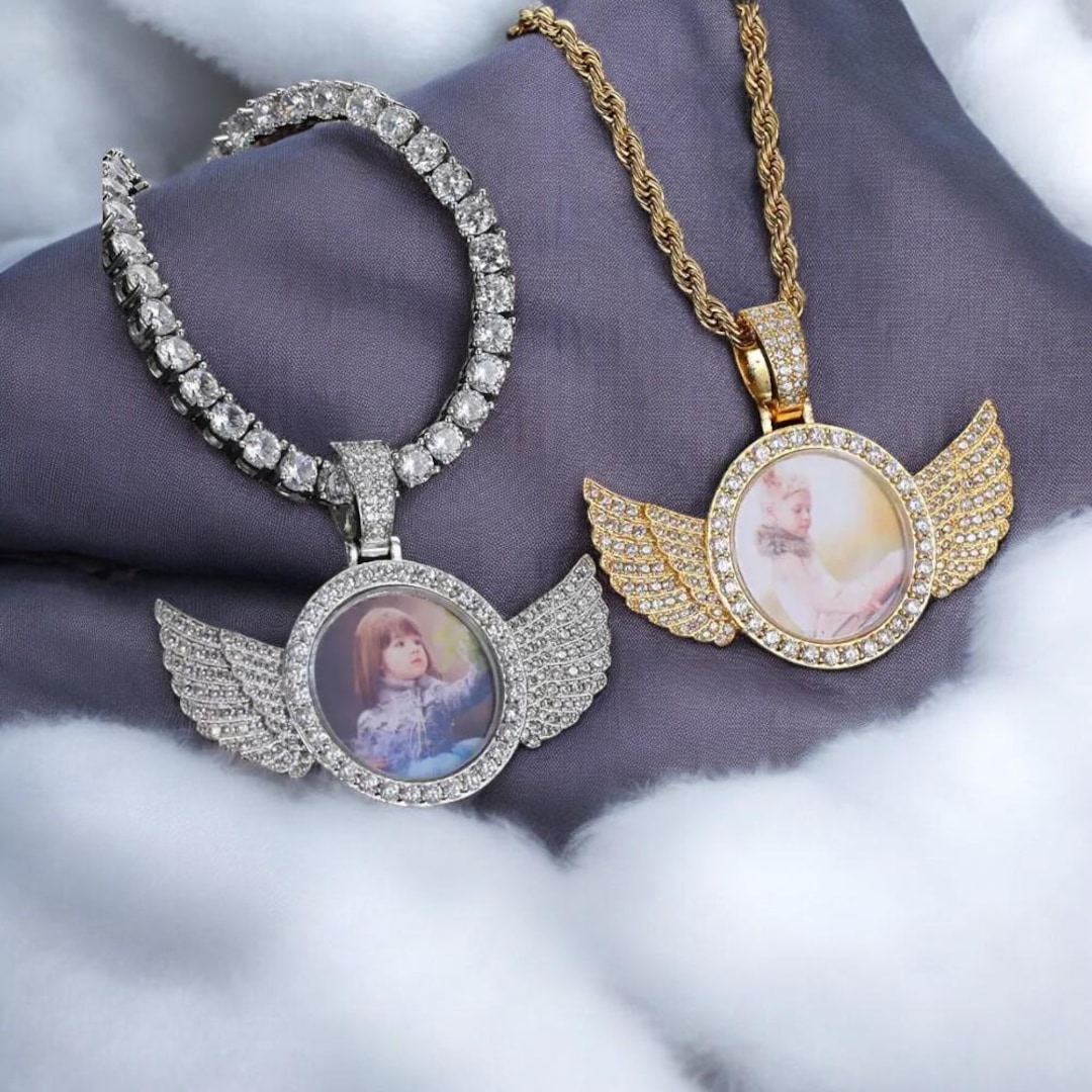 Personalized Diamond Studded Wings Photo Necklace | Photo Necklace for ...