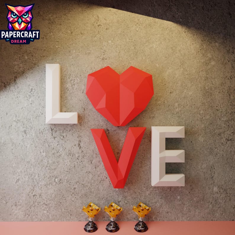 3D Papercraft LOVE Sign With Heart | Low-poly Wall Art (pdf, Svg, Dxf ...