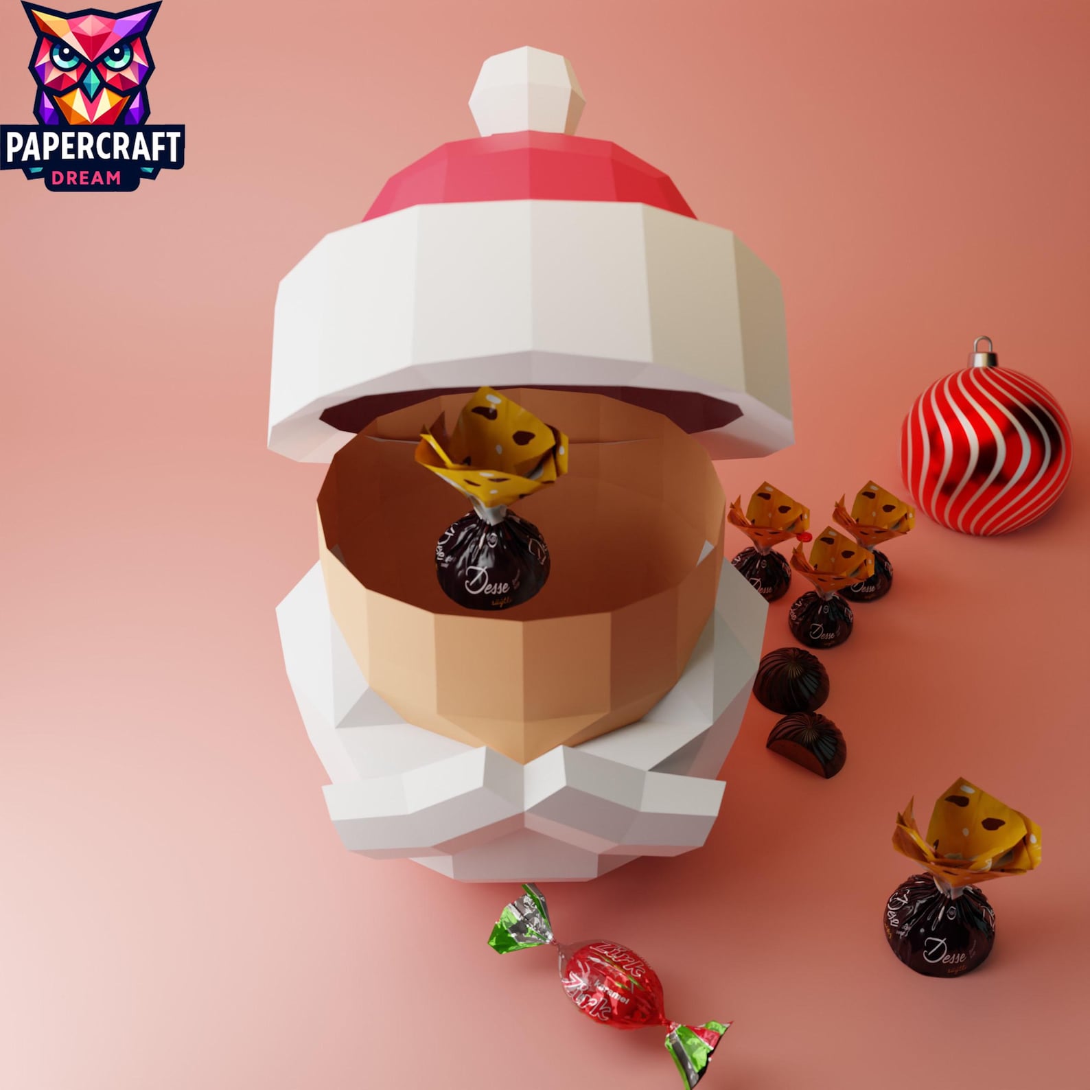 Santa Claus Gift Box: 3D Low Poly Candy Bowl Template (PDF, SVG, Studio ...