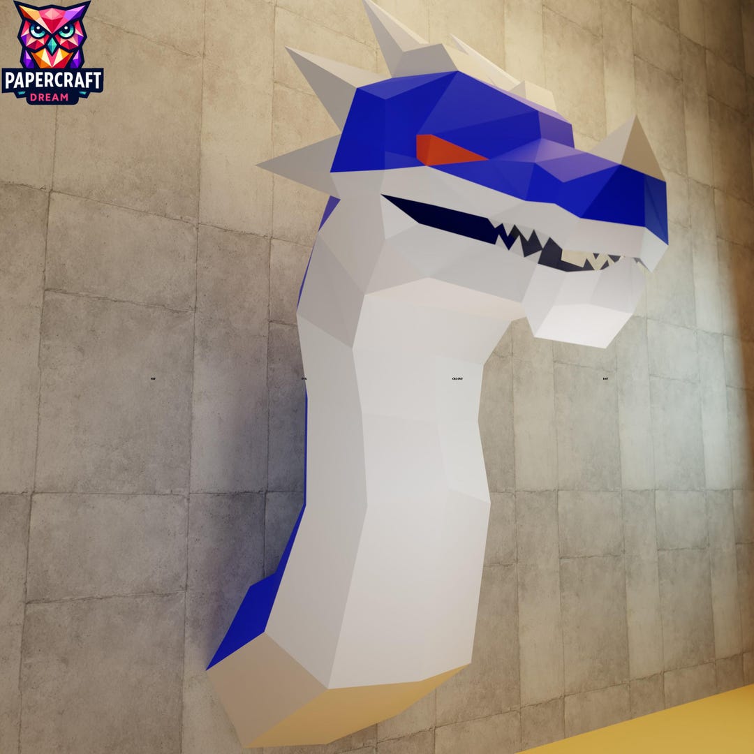 Tête de dragon 3D papercraft, décoration murale low poly (PDF, SVG, DXF ...