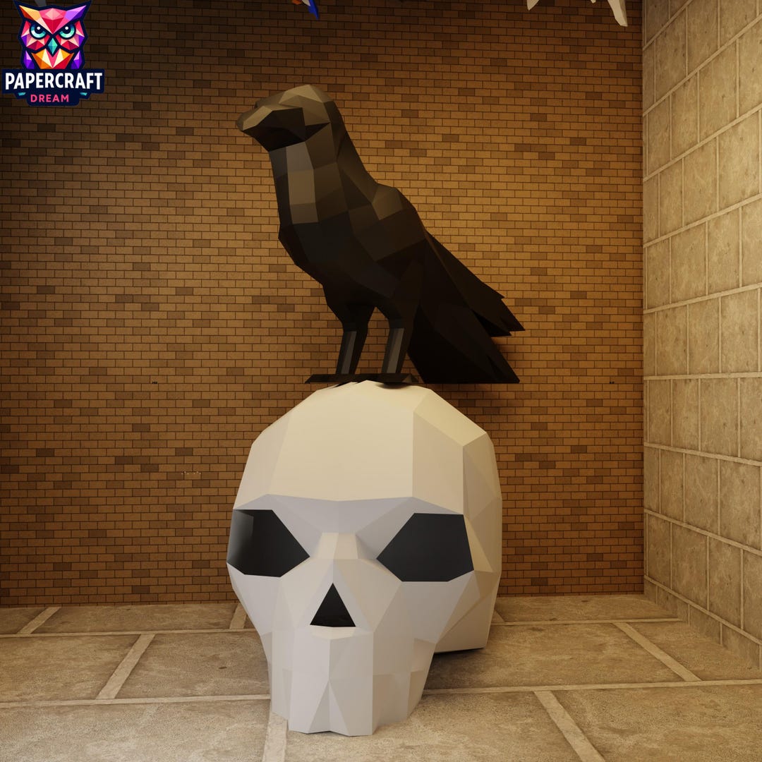 Skull Crow Papercraft Template: 3D Low Poly Halloween Decor (PDF, SVG ...