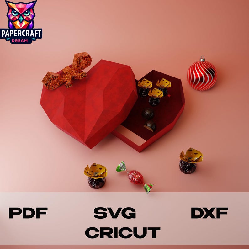 Heart Box With a Bow Papercraft Template | DIY 3D Low Poly Valentine’s ...
