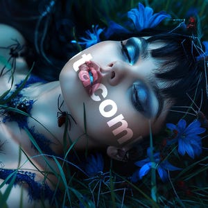 Goth Girl Laying Down in Grass Surrounded by Spiders and Blue Flowers ...