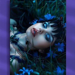 Goth Girl Laying Down in Grass Surrounded by Spiders and Blue Flowers ...