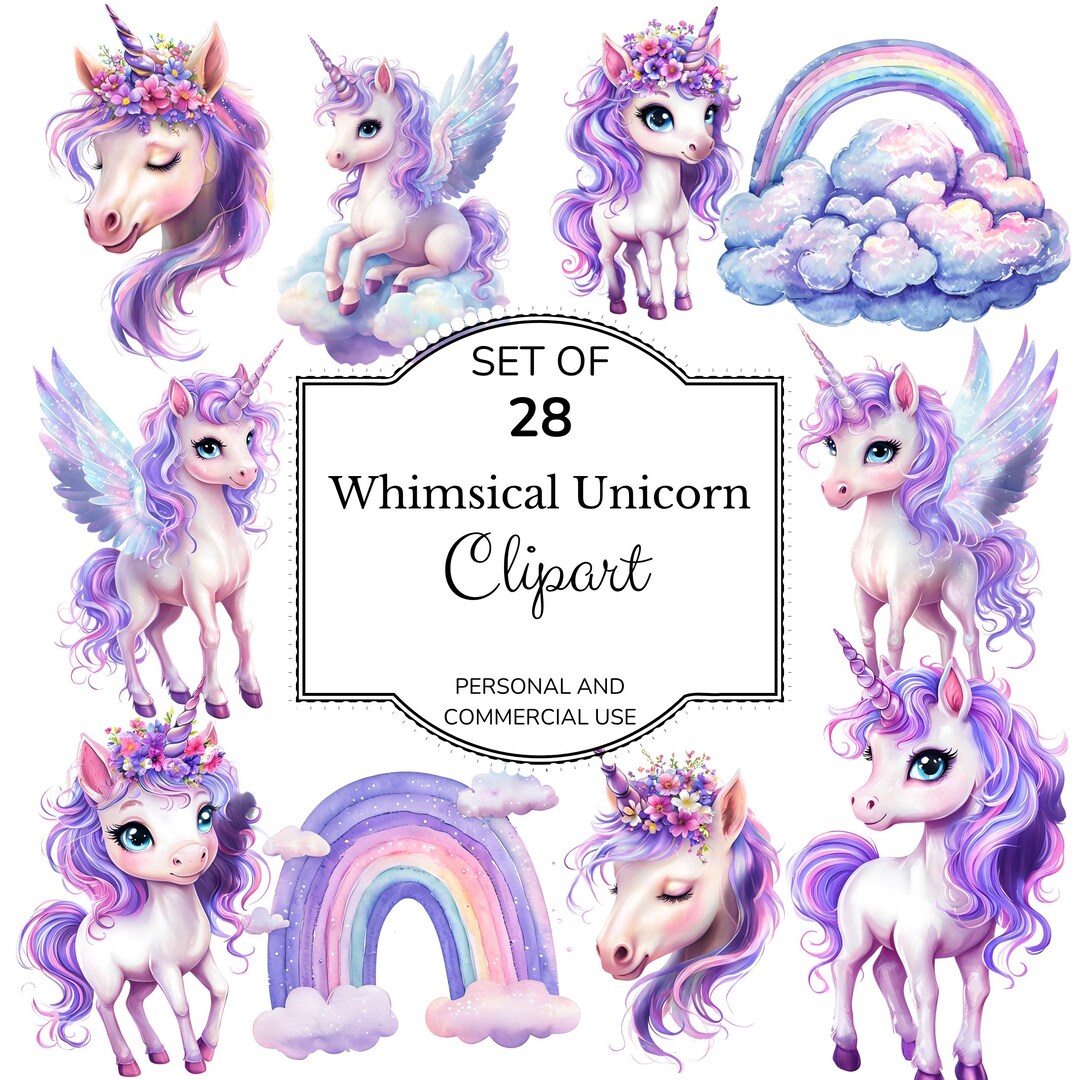 Whimsical Unicorn Clipart Bundle, PNG Design for Baby Rainbow, Unicorn ...