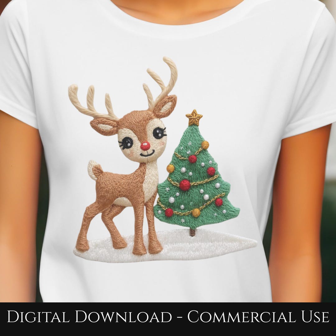 Faux Embroidery Reindeer Christmas PNG, Hyper Realistic Yarn Stitch ...