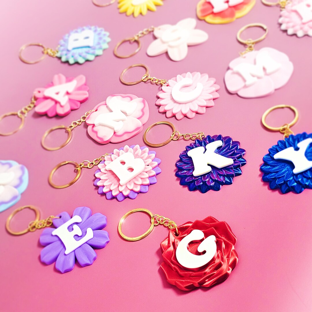 Personalized 3D Printed Letter Keychain Flower Gold Pendant for ...