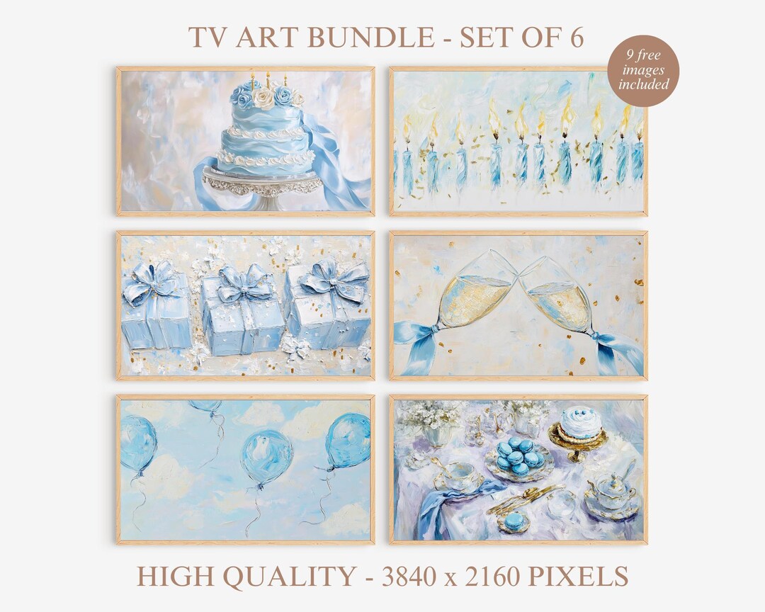 Blue Birthday Frame TV Art Bundle Set of 6, Pastel Blue Birthday Cake ...