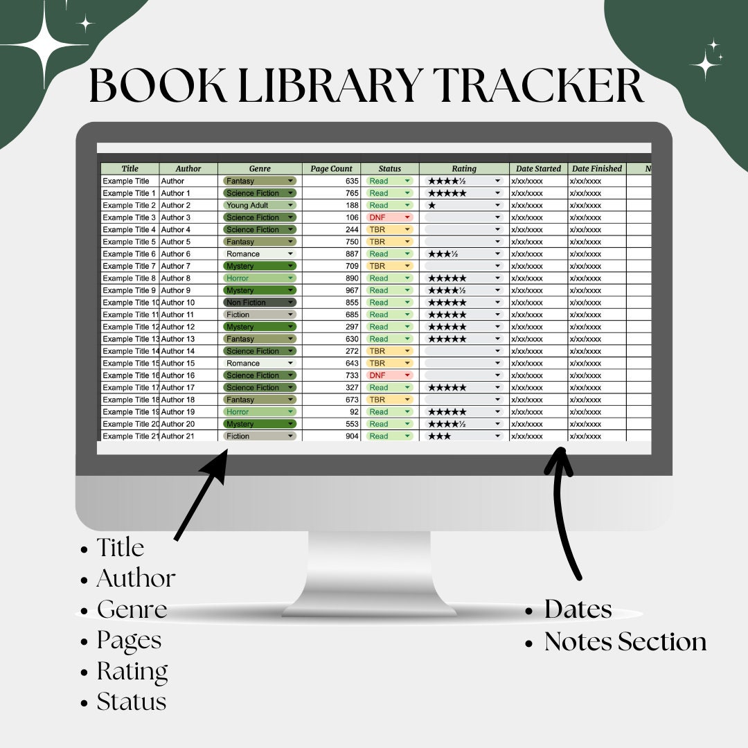 Green Simple Digital Book Library Tracker - Excel or Google Sheets - Etsy
