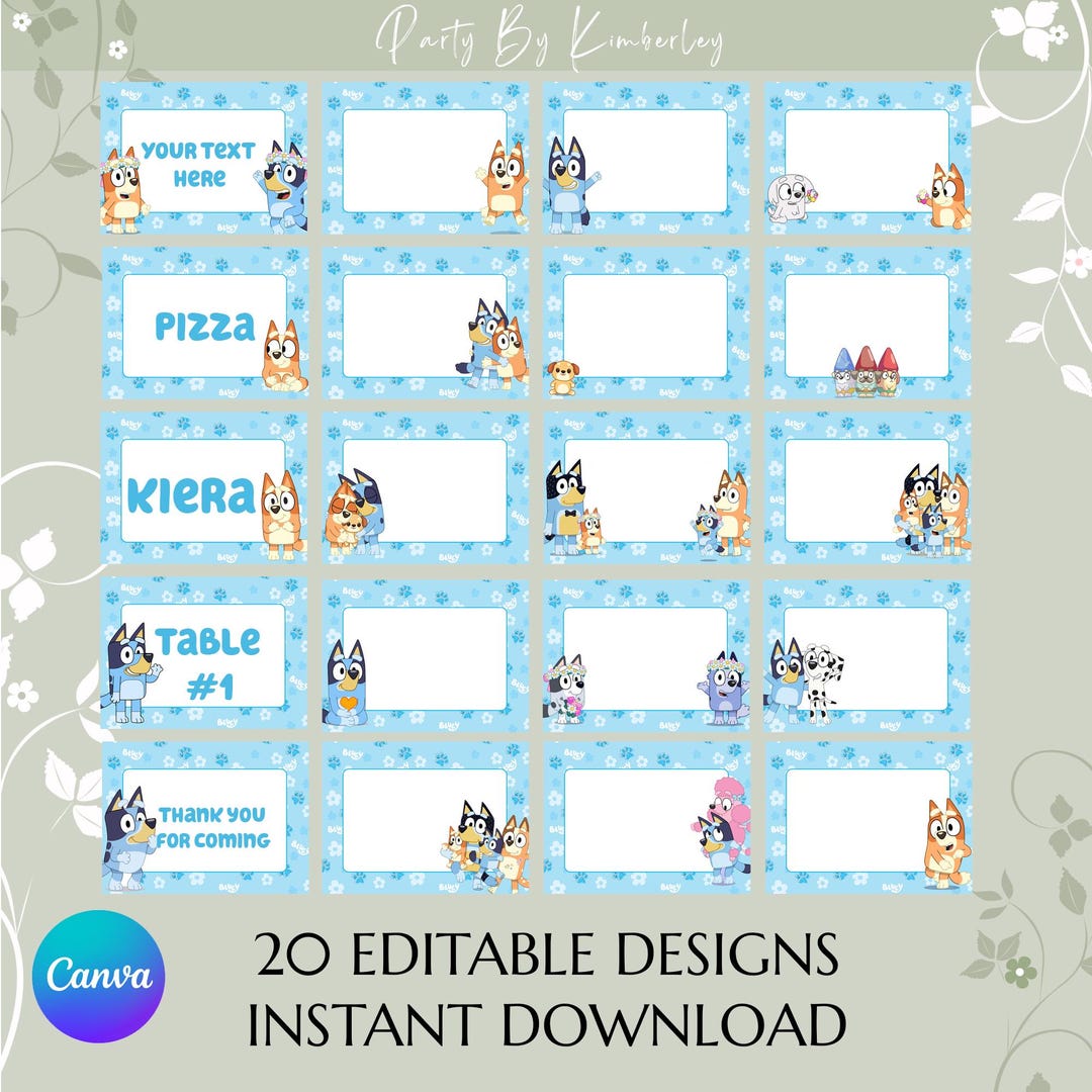 20 Designs, Bluey Themed Editable Birthday Tent Cards, Place Cards ...