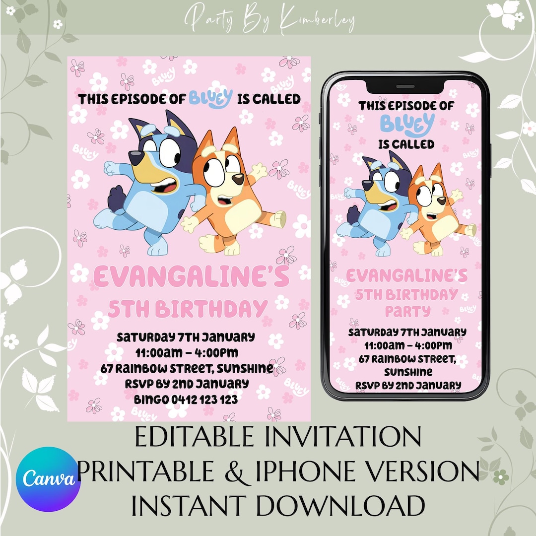 Bluey Pink Theme Editable Birthday Invitation - Etsy