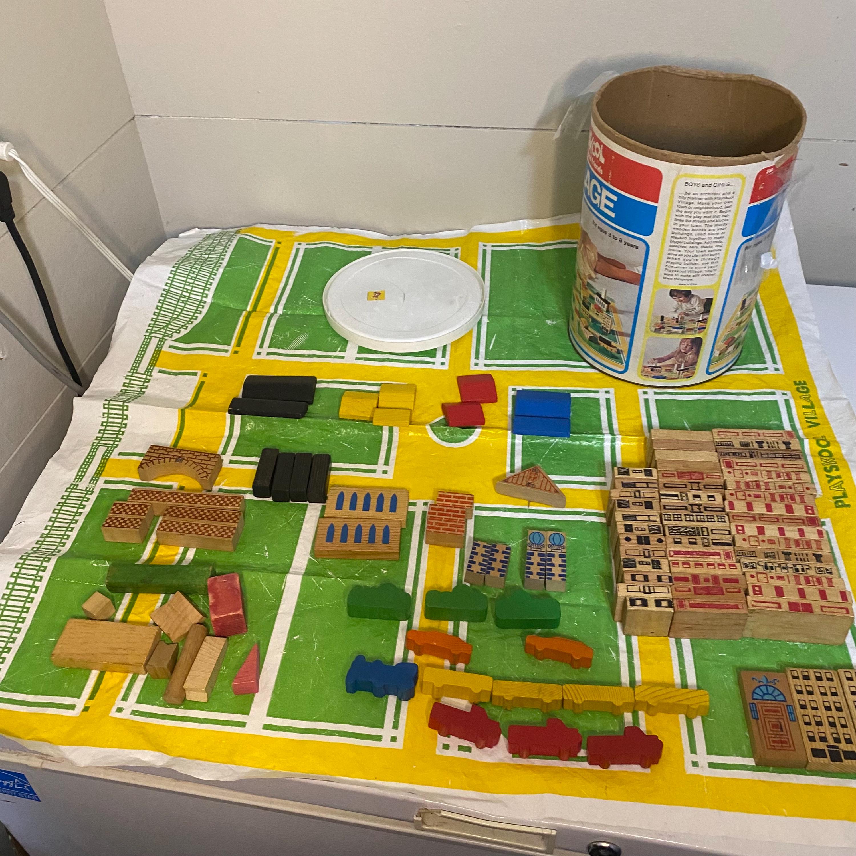 Vintage Playskool Village Wooden Block Town With Play Mat #310 Train ...