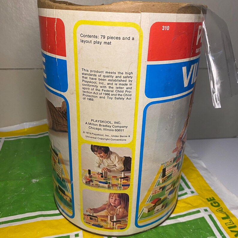 Vintage Playskool Village Wooden Block Town With Play Mat 310 Train ...