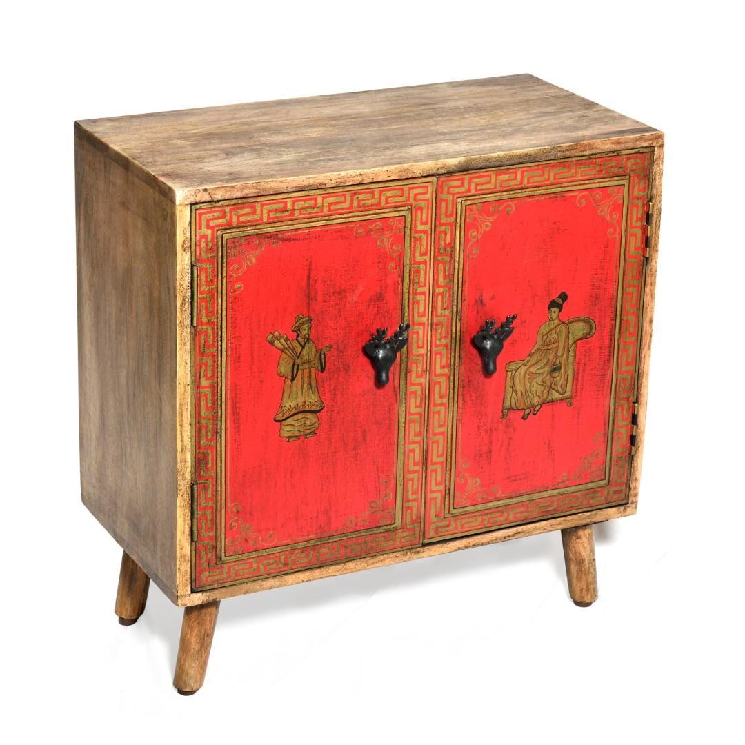 Rustic Red Colored Night Stand, Chinese Charm Handpainted Sidetable ...