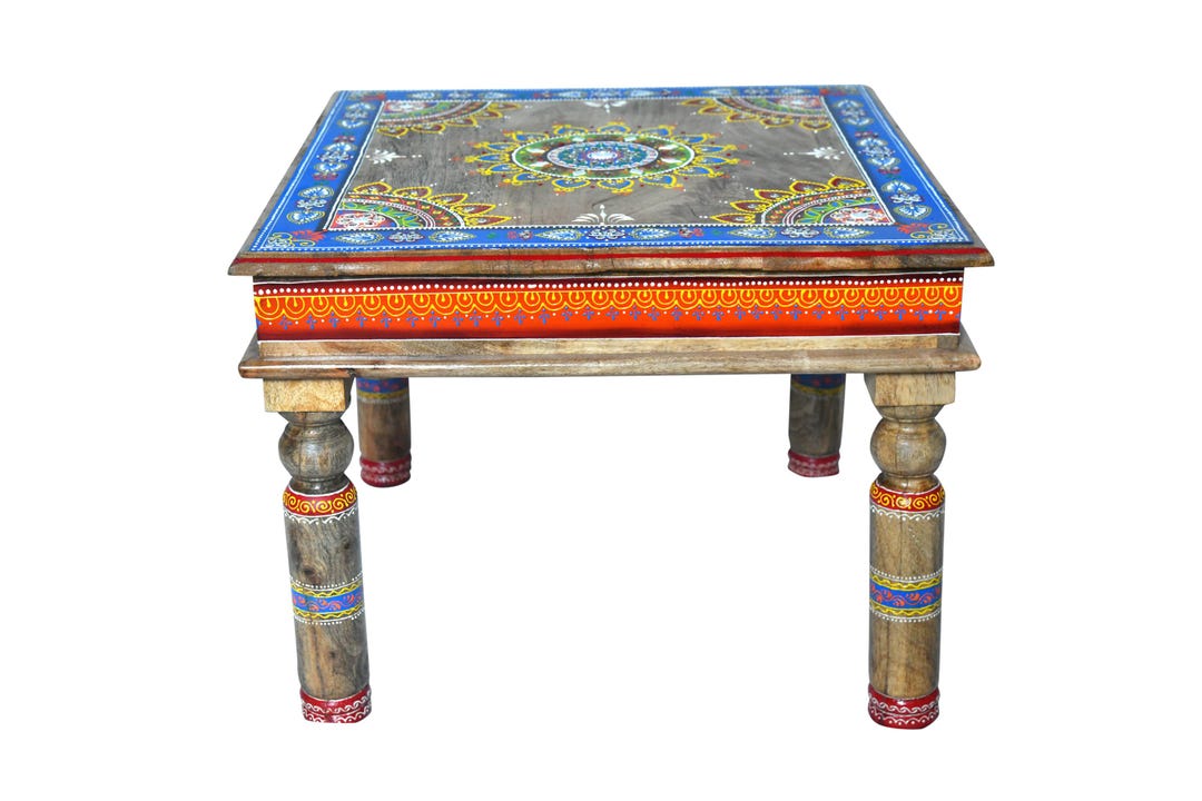Folk Art Inspired Wooden Table, Rajasthani Accent Table, Multicolored ...