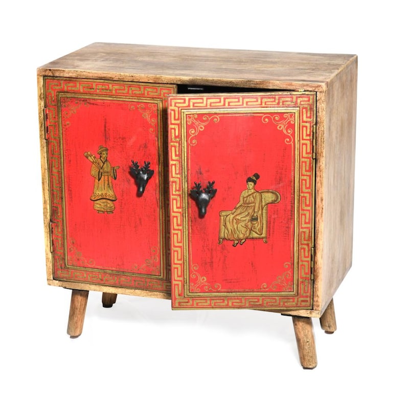 Rustic Red Colored Night Stand, Chinese Charm Handpainted Sidetable ...