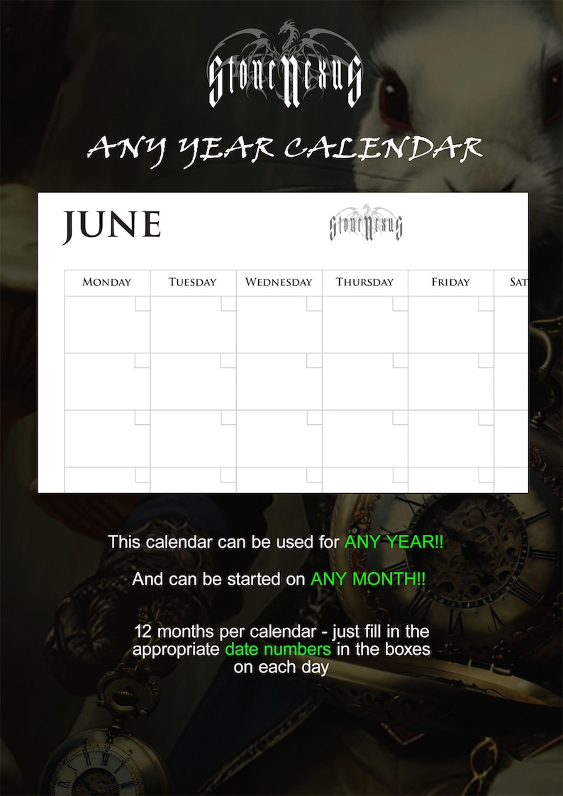 Gothica II Any Year Calendar - Etsy