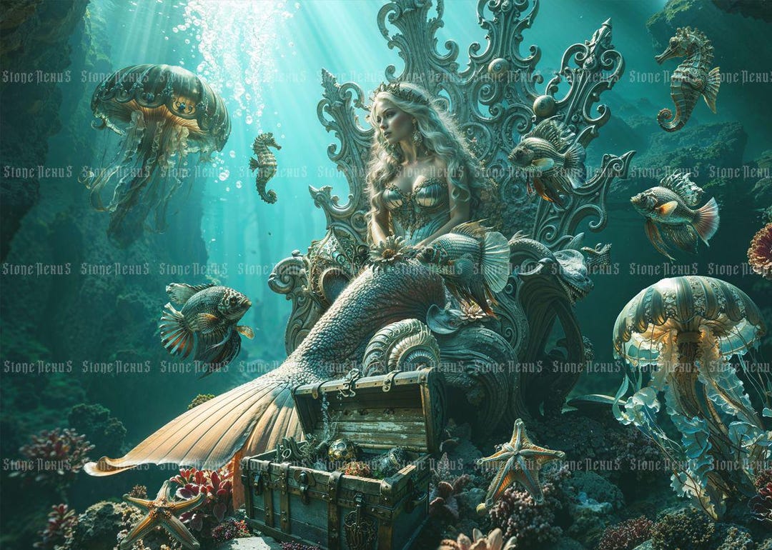 Throne of the Siren Queen Art Print, Beautiful Underwater Mermaid With ...