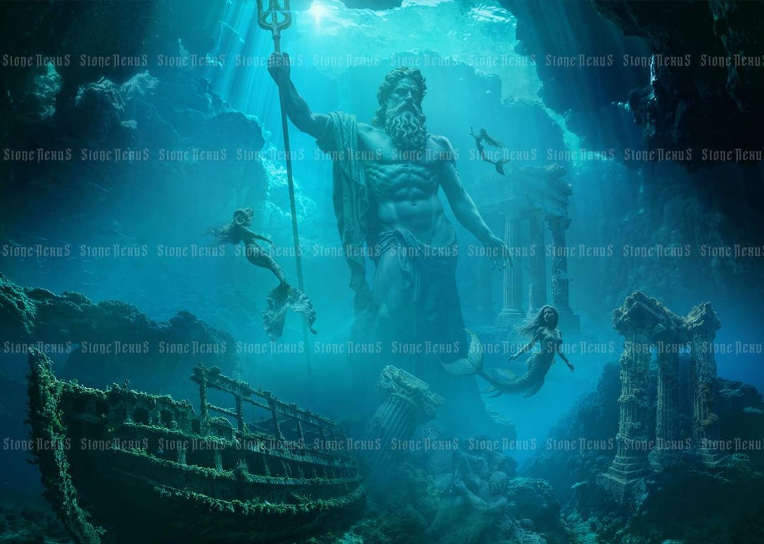 Poseidon Art Print, Underwater God With Mermaids and Wreck, Mythical ...