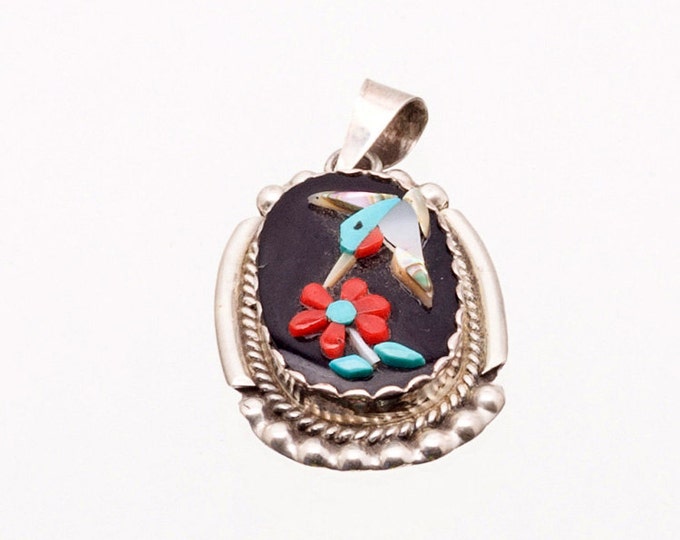 Zuni Mosaic Raised Inlay Hummingbird Pendant Signed Native American ...