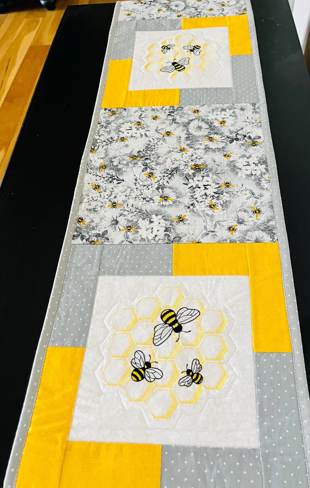 Quilted Bees in Honeycomb Table Runner Gray Yellow and White - Etsy