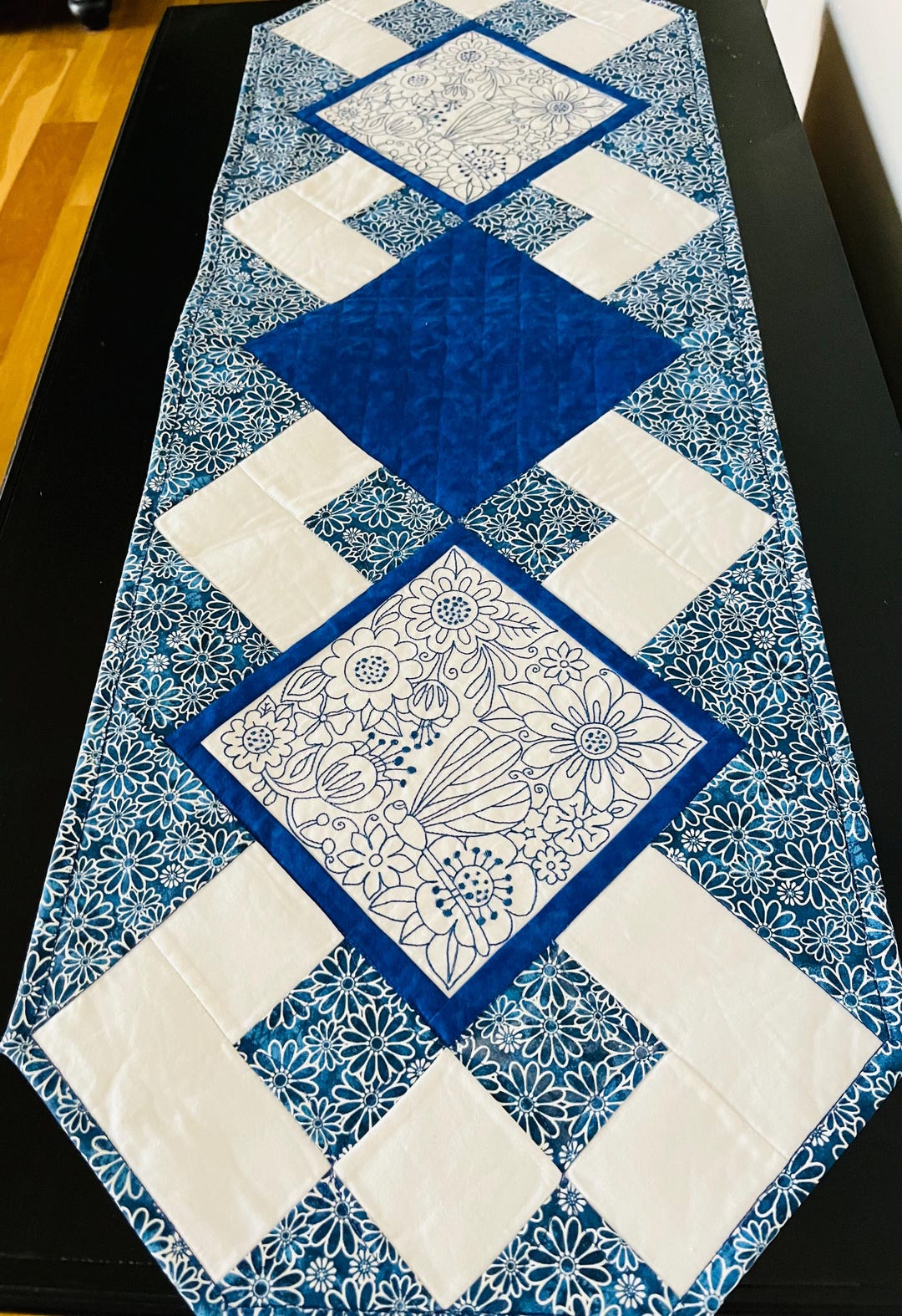 Quilted Blue and White Floral Table Runner With Embroidery - Etsy