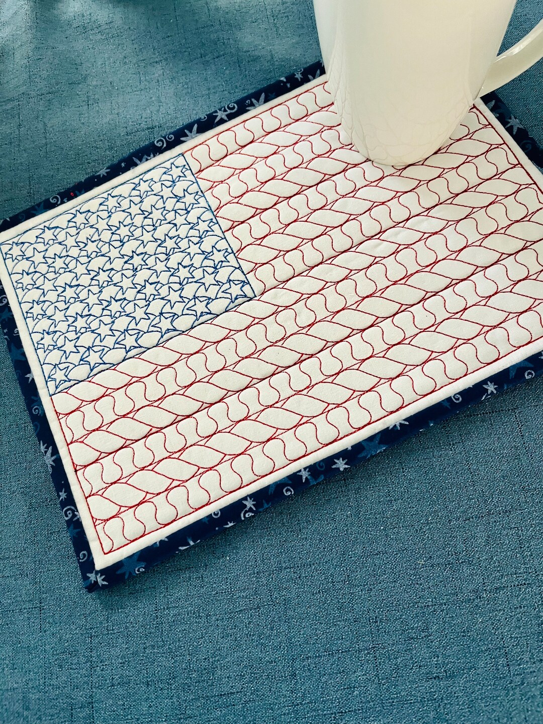 Quilted Patriotic Mug Rug Red White and Blue Farmhouse Style - Etsy