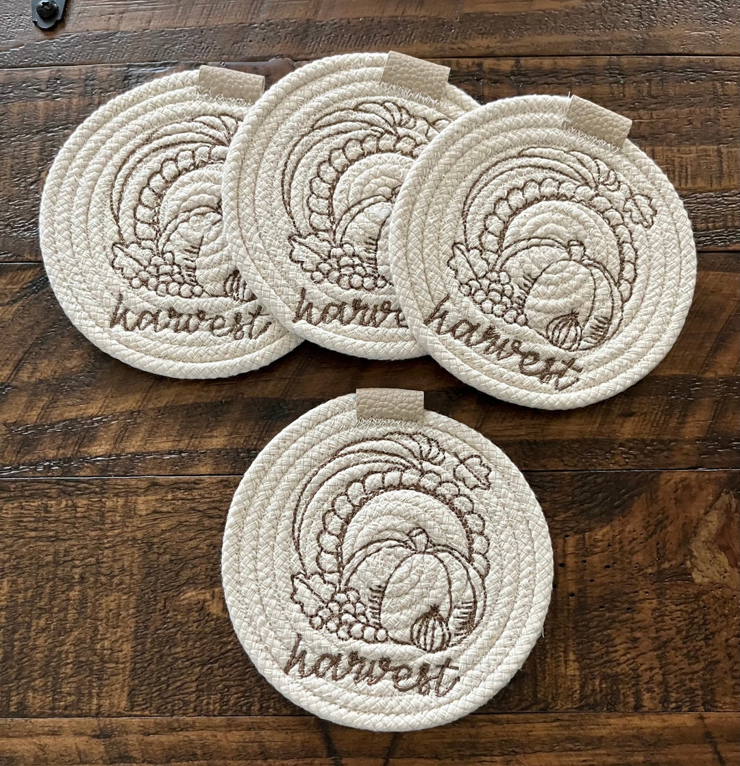 Fall Harvest Embroidered Rope Coasters Set of Four - Etsy