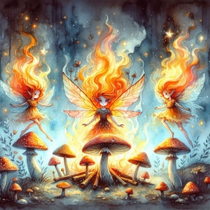 35 Fantasy Fire Fairy and 2 Trio Fire Fairies Watercolor Clip Art ...