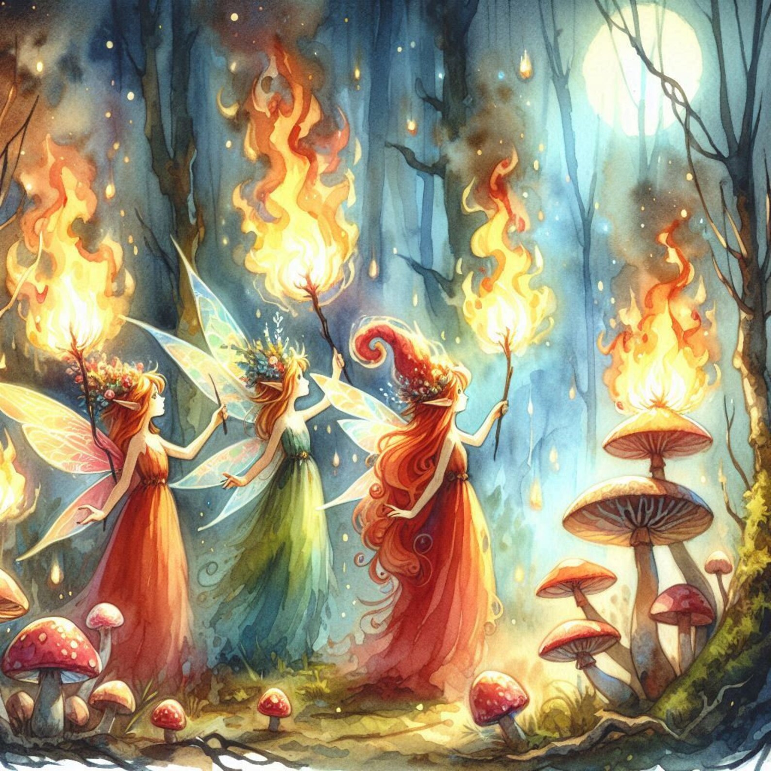 35 Fantasy Fire Fairy and 2 Trio Fire Fairies Watercolor Clip Art ...
