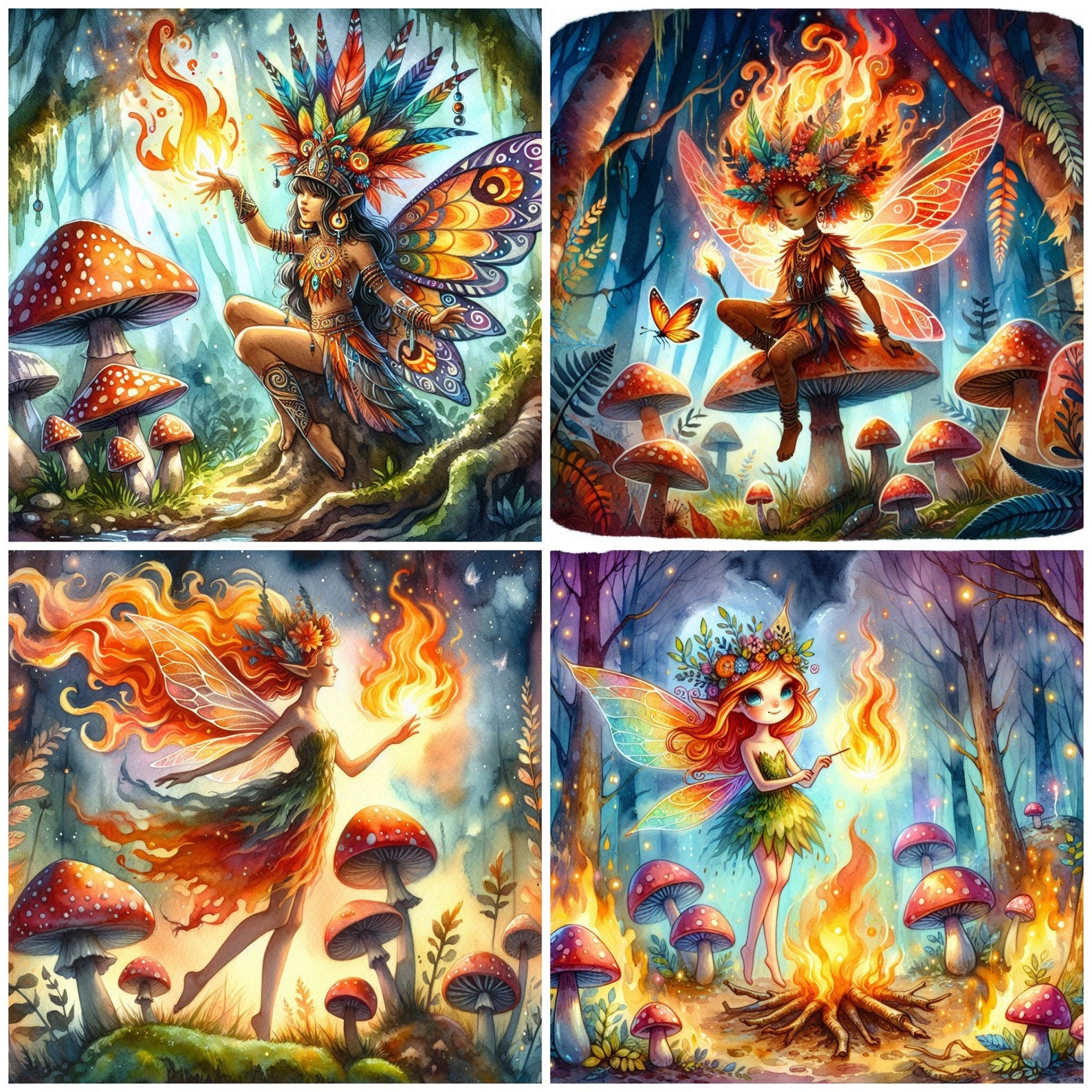 35 Fantasy Fire Fairy and 2 Trio Fire Fairies Watercolor Clip Art ...